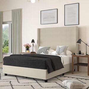 merrick lane bramlett modern full size platform bed frame with padded faux linen upholstered wingback headboard and wood support slats in beige