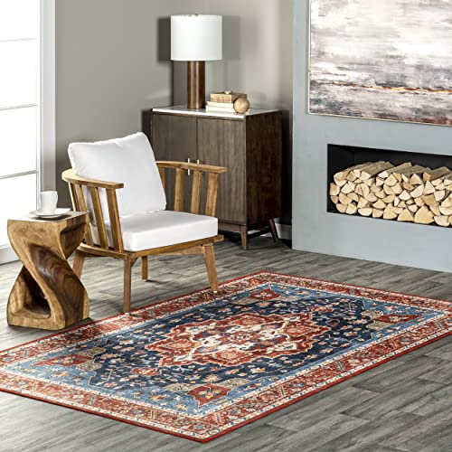 nuLOOM Hera Medallion Stain-Resistant Machine Washable Area Rug, 5x8, Blue