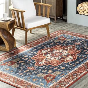 nuLOOM Hera Medallion Stain-Resistant Machine Washable Area Rug, 5x8, Blue