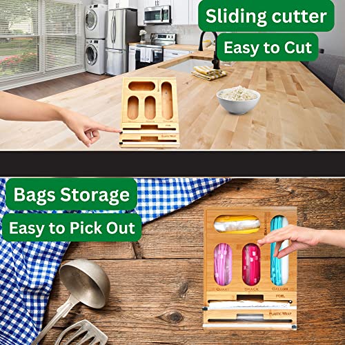 DEPAZZ - Bamboo Ziplock Bag Storage Organizer for Kitchen Drawer & Wall Mount - 6 in 1 Foil & Plastic Wrap Dispenser with Cutter - Suitable for Gallon, Quart, Sandwich & Snack Bag - Work with 12" Roll