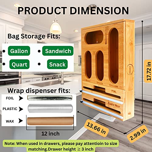 DEPAZZ - Bamboo Ziplock Bag Storage Organizer for Kitchen Drawer & Wall Mount - 6 in 1 Foil & Plastic Wrap Dispenser with Cutter - Suitable for Gallon, Quart, Sandwich & Snack Bag - Work with 12" Roll