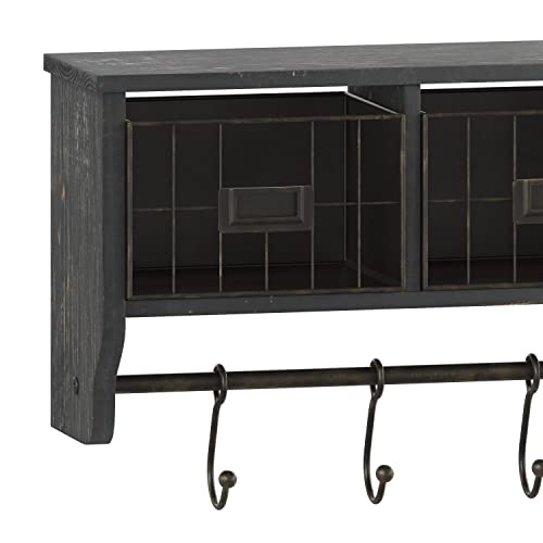 Merrick Lane Enid Wall Mount 24 Inch Solid Pine Wood Storage Rack with Upper Shelf, 5 Hooks, and Wire Baskets for Living Room, Kitchen, or Entryway in Blackwashed