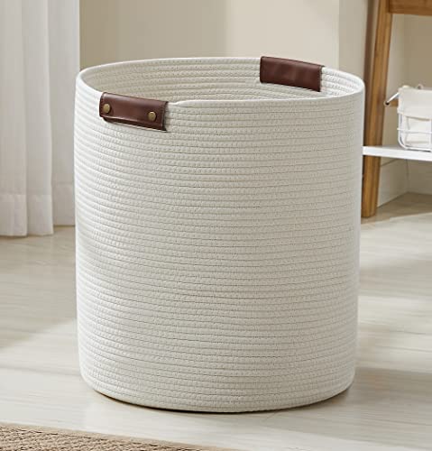 Organizix Large Cotton Rope Laundry Hamper Woven Basket with Leather Handles, Storage Basket for Toys, Blanket, Throws, Pillows and Towels - 16 x 18, Cream