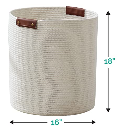 Organizix Large Cotton Rope Laundry Hamper Woven Basket with Leather Handles, Storage Basket for Toys, Blanket, Throws, Pillows and Towels - 16 x 18, Cream