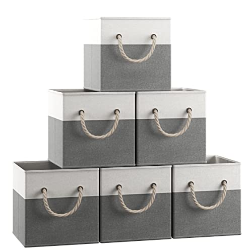 Ornavo Home Foldable Collapsible Storage Box Bins Linen Fabric Shelf Basket Cube Organizer with Rope Handles - Set of 6-13 x 13 x 13 - White/Gray