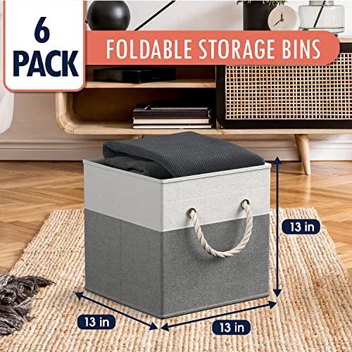 Ornavo Home Foldable Collapsible Storage Box Bins Linen Fabric Shelf Basket Cube Organizer with Rope Handles - Set of 6-13 x 13 x 13 - White/Gray