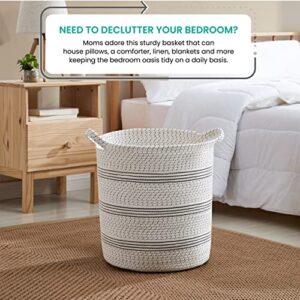 Organizix Large Cotton Rope Laundry Hamper Woven Basket with Handles, Storage Basket for Toys, Blanket, Throws, Pillows and Towels - 18 x 16, Multi Stripe