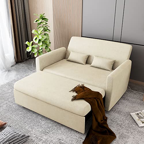 NOSGA Sofa Bed, Velvet Sleeper Sofa Bed Pull Out Sofa Bed Pull Out Sofa Sleeper Convertible with 2 Pillows Adjustable Backrest 55" Modern Adjustable Pull Out Bed Lounge Chaise, Beige