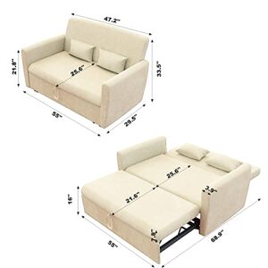 NOSGA Sofa Bed, Velvet Sleeper Sofa Bed Pull Out Sofa Bed Pull Out Sofa Sleeper Convertible with 2 Pillows Adjustable Backrest 55" Modern Adjustable Pull Out Bed Lounge Chaise, Beige