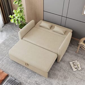 NOSGA Sofa Bed, Velvet Sleeper Sofa Bed Pull Out Sofa Bed Pull Out Sofa Sleeper Convertible with 2 Pillows Adjustable Backrest 55" Modern Adjustable Pull Out Bed Lounge Chaise, Beige