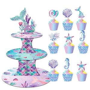 25pcs mermaid cupcake stand mermaid cupcake toppers and wrappers 3 tier cupcake stand holder mermaid dessert table cake decor for wedding, showers, birthdays party decoraton supplies