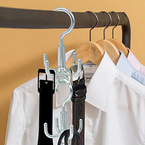 2 Pcs Silver Belt Hanger with 8 Pcs Clothes Hanger Connector Hooks for Closet Scarf Tie Rack Metal Belt Organizer Purse Hanger Belt Holder for Men Women Scarves 4 Hooks Each