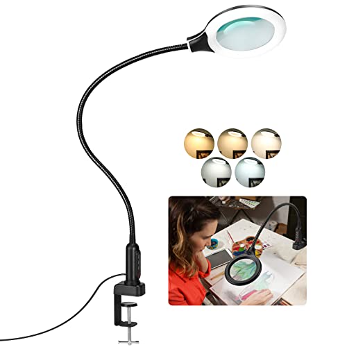 TOMSOO 26" Gooseneck Magnifying Lamp with Clamp, 5 Color Modes Stepless Dimmable LED Desk Light with Magnifying Glass, 5X Real Glass Lighted Magnifier Hands Free for Painting Close Work Craft Hobby