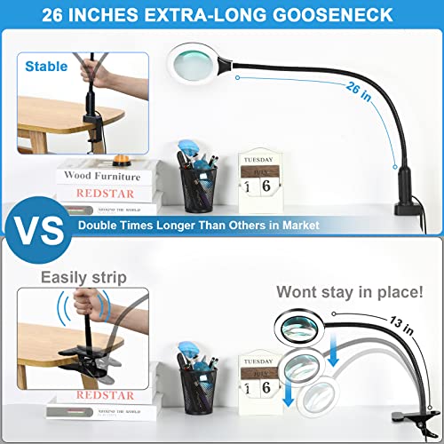 TOMSOO 26" Gooseneck Magnifying Lamp with Clamp, 5 Color Modes Stepless Dimmable LED Desk Light with Magnifying Glass, 5X Real Glass Lighted Magnifier Hands Free for Painting Close Work Craft Hobby