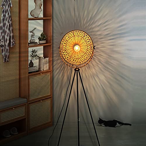 Osasy Rattan Bamboo Floor Lamp for Living Room,Bedroom,Farmhouse,Boho Standing Lamp,Wicker Hand-Worked Bamboo Lamp Shade,Black Industrial Modern Floor Light Adjustable Rustic Tall Lamp