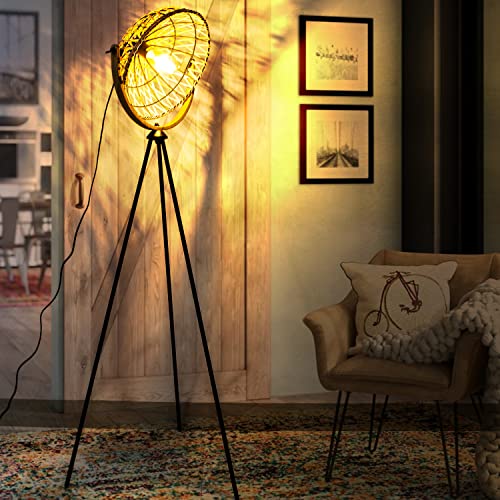 Osasy Rattan Bamboo Floor Lamp for Living Room,Bedroom,Farmhouse,Boho Standing Lamp,Wicker Hand-Worked Bamboo Lamp Shade,Black Industrial Modern Floor Light Adjustable Rustic Tall Lamp