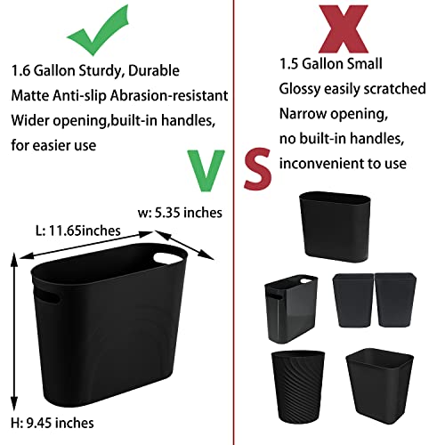 rejomiik Small Trash Can Slim Garbage Can Plastic Waste Basket with Handles 1.6 Gallon Container Bin for Narrow Spaces Bathroom, Bedroom, Kitchen, Office at Home, Black