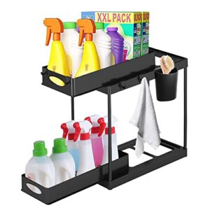 gzfunteng under kitchen sink organizer and storage, 2 tier sliding bathroom organizer, pull out cabinet organizer with 4 hooks, 1 hanging cups, finishing storage rack