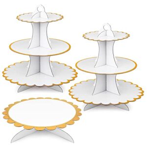 3 pcs cardboard cupcake stand 2 set of 3 tier cupcake stand for 24 cupcakes and 1 large cake display serving tray cupcake tower set for wedding baby shower birthday party decor, white