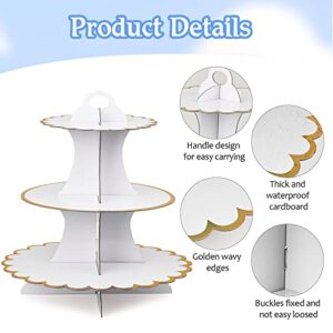 3 PCS Cardboard Cupcake Stand 2 Set of 3 Tier Cupcake Stand for 24 Cupcakes and 1 Large Cake Display Serving Tray Cupcake Tower Set for Wedding Baby Shower Birthday Party Decor, White