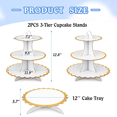 3 PCS Cardboard Cupcake Stand 2 Set of 3 Tier Cupcake Stand for 24 Cupcakes and 1 Large Cake Display Serving Tray Cupcake Tower Set for Wedding Baby Shower Birthday Party Decor, White