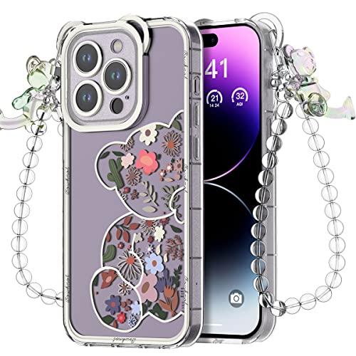 AICase for iPhone 14 Pro Max Case Cute for Women Girl, Bear Floral Flowers Girly Clear Kawaii Phone Case with Bracelet Wrist Strap Chain and Camera Protection Pretty Trendy Protective Cover