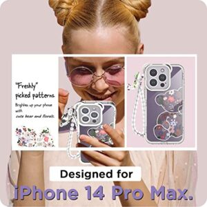 AICase for iPhone 14 Pro Max Case Cute for Women Girl, Bear Floral Flowers Girly Clear Kawaii Phone Case with Bracelet Wrist Strap Chain and Camera Protection Pretty Trendy Protective Cover