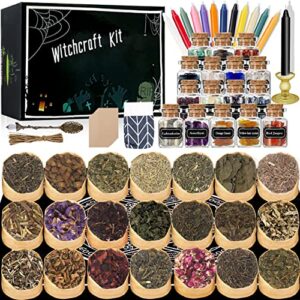 irmm witchcraft supplies kit, 86 pcs wiccan supplies and tools, include dried herbs, crystal jars, colored candles and parchments, for beginners witches pagan altar decor