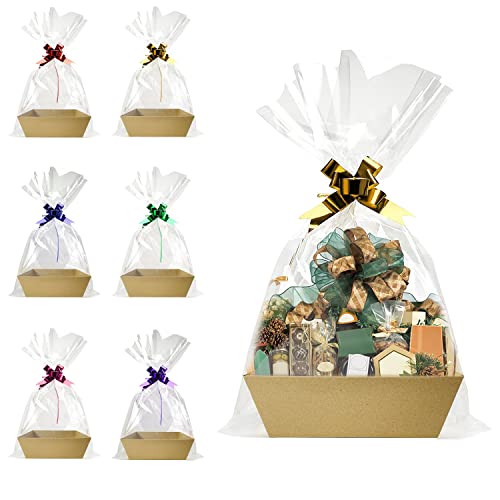 Baskets For Gifts Empty, 6 PCS Sturdy Diy Bulk Gift Basket Kraft Market Tray Cardboard Basket With Handles, Gift Basket Kit Supplies Wrap To Fill For Birthday Christmas Valentines Thanksgiving