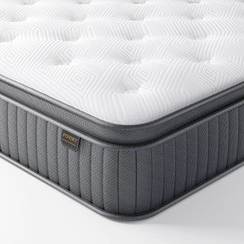 Povirt Full Mattress, 10 Inch Innerspring Hybrid Mattress in a Box, 7-Zone Support Cool Full Bed Mattress with Breathable Soft Knitted Fabric Cover for Pressure Relief, Medium Firm, 100-Night Trial