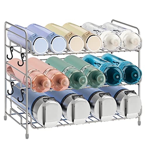 Mefirt Water Bottle Organizer, 3-Tier Water Bottle Organizer for Cabinet, Tumbler Travel Cup Holder, Pantry Kitchen Stackable Storage Rack for Shaker Baby Bottle, Wine, Can, Drying Rack (Silver)