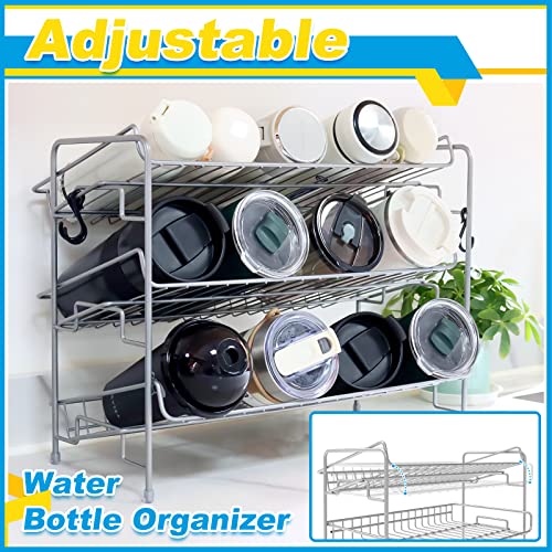 Mefirt Water Bottle Organizer, 3-Tier Water Bottle Organizer for Cabinet, Tumbler Travel Cup Holder, Pantry Kitchen Stackable Storage Rack for Shaker Baby Bottle, Wine, Can, Drying Rack (Silver)