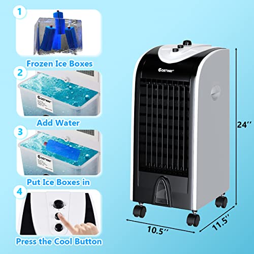 COSTWAY Evaporative Air Cooler, 3-in-1 Cooling Fan with 2 Ice Crystal Boxes, 3-Mode, 3-Speed and 4L Water Tank, Quiet Bladeless, Portable for Room Home Office Dorms, White