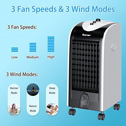 COSTWAY Evaporative Air Cooler, 3-in-1 Cooling Fan with 2 Ice Crystal Boxes, 3-Mode, 3-Speed and 4L Water Tank, Quiet Bladeless, Portable for Room Home Office Dorms, White