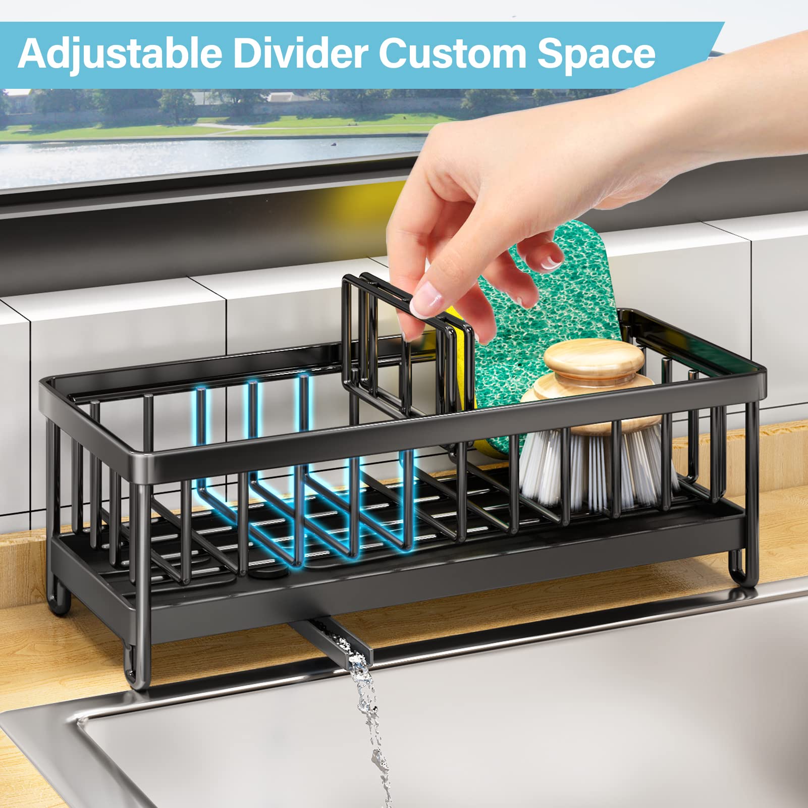 Sponge Holder for Kitchen Sink, Sink Caddy, Rustproof 304 Stainless Steel Dish Sponge Organizer with Divider, Sponge Holder for Kitchen Sink Counter, Soap Brush Holder Kitchen Sink Accessories Black