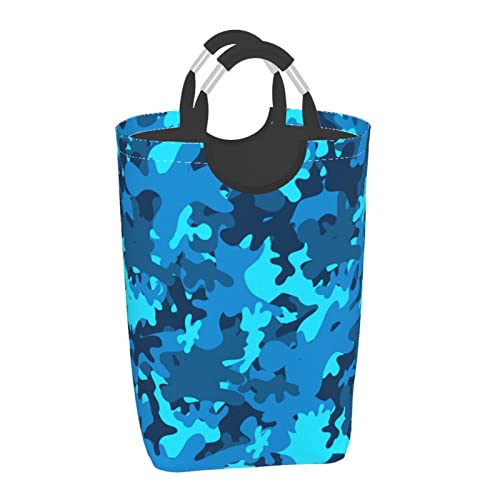 Foldable Square Laundry Hamper Blue Camouflage Portable Folding Washing Bin Waterproof Collapsible Laundry Bag 50L Large Clothes Storage Basket with Handles for Home Bedroom