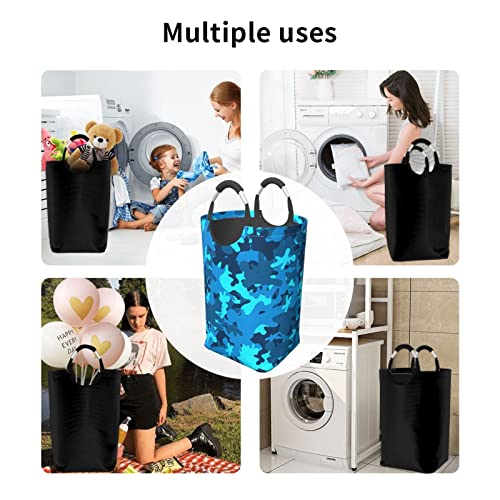 Foldable Square Laundry Hamper Blue Camouflage Portable Folding Washing Bin Waterproof Collapsible Laundry Bag 50L Large Clothes Storage Basket with Handles for Home Bedroom