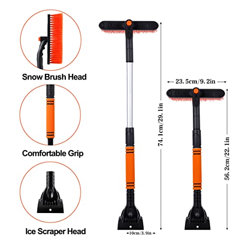 Snow Brush with Ice Scraper for Car Windshield, Magic Snow Scrapers & Brush, Car Window Snow Cleaner Removal Tool with Foam Grip, 22 Inch to 29 Inch Extendable Snow Remover for Family Cars, SUVs