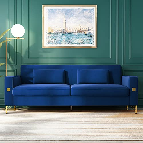 STORFENBOR Blue 85'' Velvet Sofa, Mid-Century Modern 3-Seat Couch with 2 Pillows & Gold Legs for Living Room Apartment Large Space