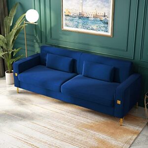 STORFENBOR Blue 85'' Velvet Sofa, Mid-Century Modern 3-Seat Couch with 2 Pillows & Gold Legs for Living Room Apartment Large Space