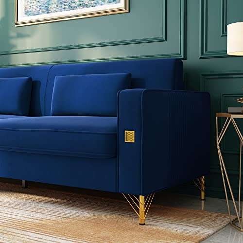 STORFENBOR Blue 85'' Velvet Sofa, Mid-Century Modern 3-Seat Couch with 2 Pillows & Gold Legs for Living Room Apartment Large Space