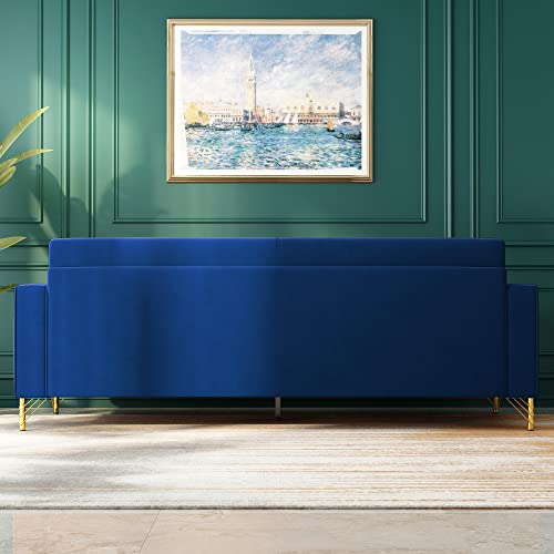 STORFENBOR Blue 85'' Velvet Sofa, Mid-Century Modern 3-Seat Couch with 2 Pillows & Gold Legs for Living Room Apartment Large Space