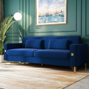 STORFENBOR Blue 85'' Velvet Sofa, Mid-Century Modern 3-Seat Couch with 2 Pillows & Gold Legs for Living Room Apartment Large Space