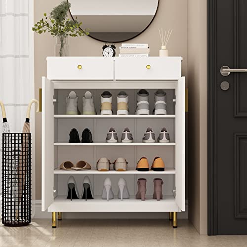 Homsee Shoe Storage Cabinet with 2 Doors & 2 Drawers, 4-Tier Freestanding Wood Shoe Rack Organizer with Adjustable Shelves for Entryway, Hallway, Bedroom, White (31.5”L x 13.8”W x 39.4”H)