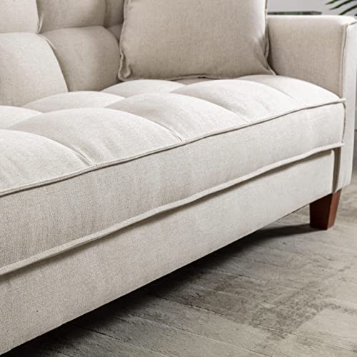 Melpomene 70" W Mid Century Modern Linen Loveseat Sofa,Tufted Upholstered Small Sofa Couch with 2 Pillows and Wood Legs,for Small Space, Apartment, Dorm, Bedroom, Office (Beige)