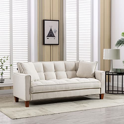 Melpomene 70" W Mid Century Modern Linen Loveseat Sofa,Tufted Upholstered Small Sofa Couch with 2 Pillows and Wood Legs,for Small Space, Apartment, Dorm, Bedroom, Office (Beige)