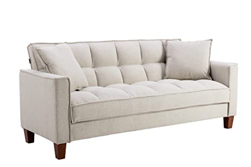 Melpomene 70" W Mid Century Modern Linen Loveseat Sofa,Tufted Upholstered Small Sofa Couch with 2 Pillows and Wood Legs,for Small Space, Apartment, Dorm, Bedroom, Office (Beige)