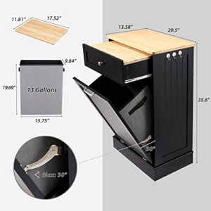 Spurgehom 13 Gallon Tilt Out Trash Cabinet Kitchen Waste Bins,Free Standing Laundry Hamper with Hideaway Drawer Wooden Bamboo Cutting Board Storage Bag,Pet Proof Trash Can for Living Room (Black)