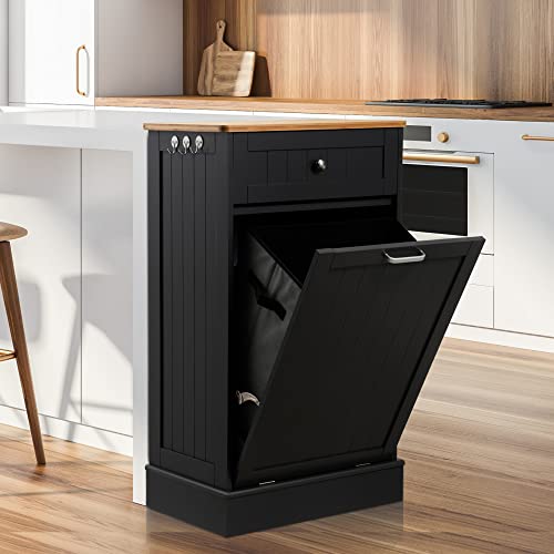 Spurgehom 13 Gallon Tilt Out Trash Cabinet Kitchen Waste Bins,Free Standing Laundry Hamper with Hideaway Drawer Wooden Bamboo Cutting Board Storage Bag,Pet Proof Trash Can for Living Room (Black)