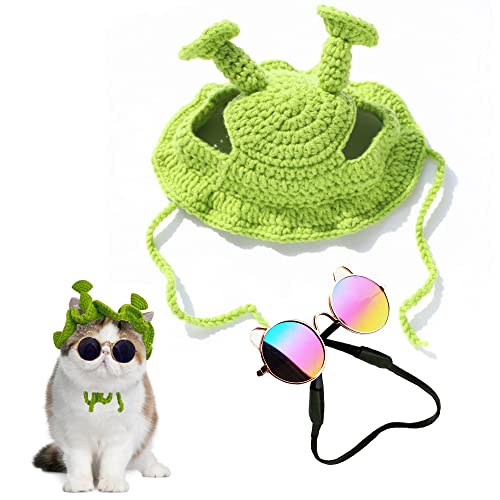 Pet Hat Funny Shrek Cat Hat Handmade Knitted Woolen Yarn Hat Classic Retro Pet Sunglasses，Apply to Pet Photo Suit, Pet Supplies for Small Dog and Cat(Shrek)